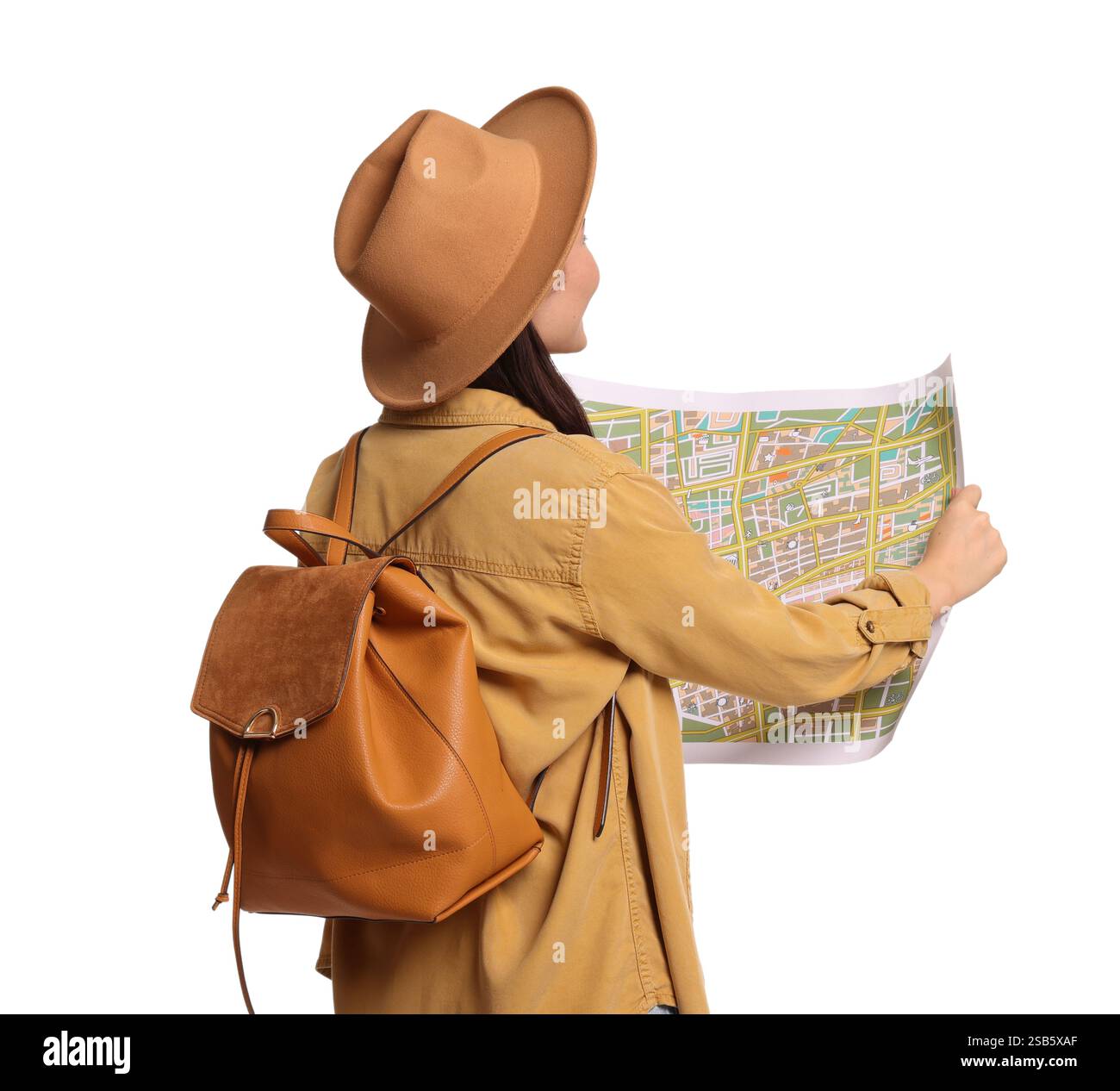 Traveller with map and backpack on white background, back view Stock ...