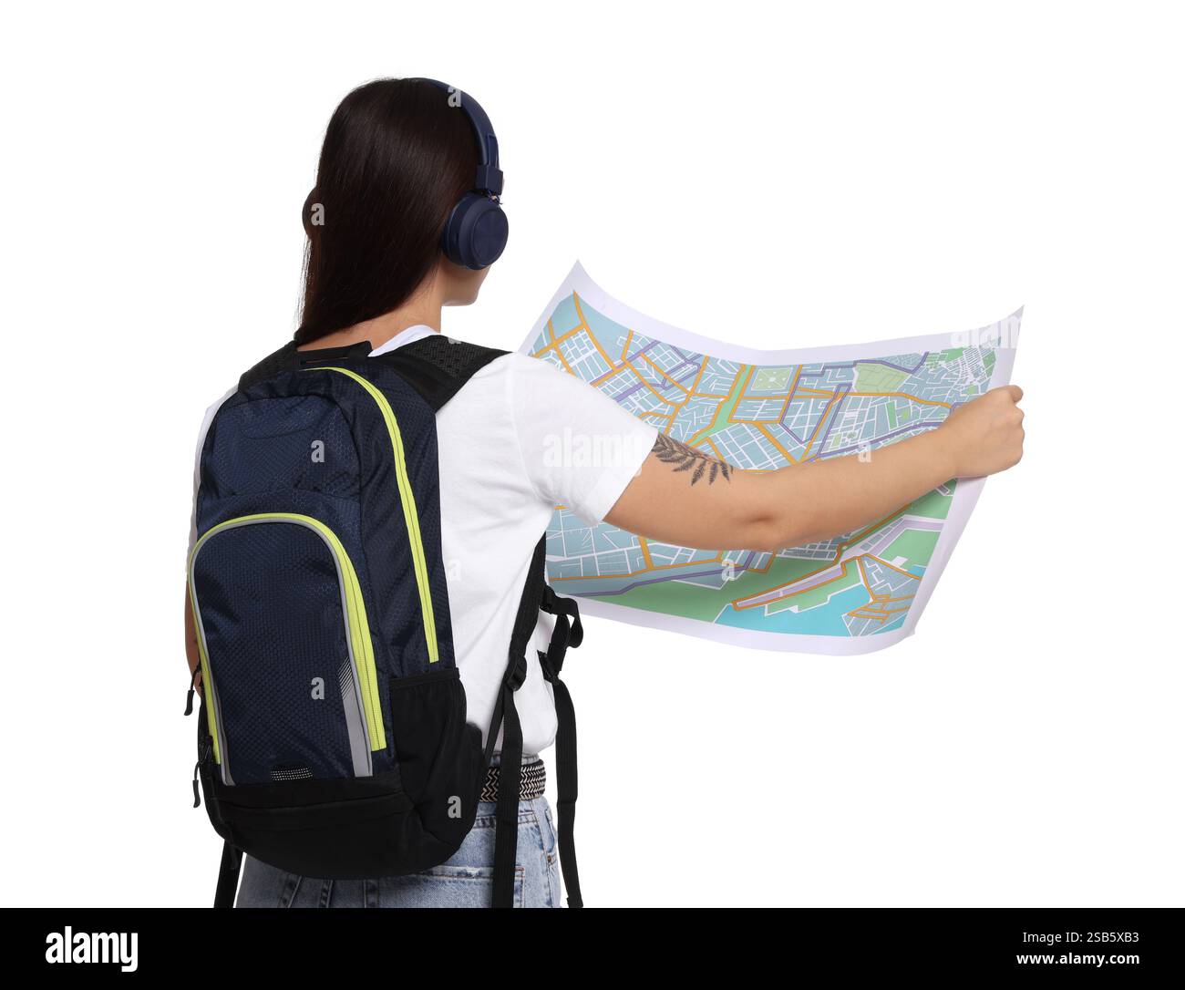 Traveller with backpack and map on white background, back view Stock ...