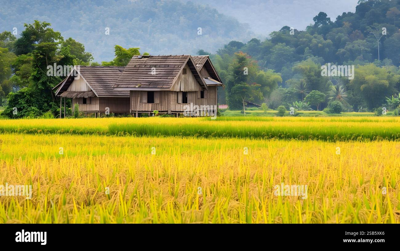 A peaceful scene depicting a traditional rural village with wooden huts ...