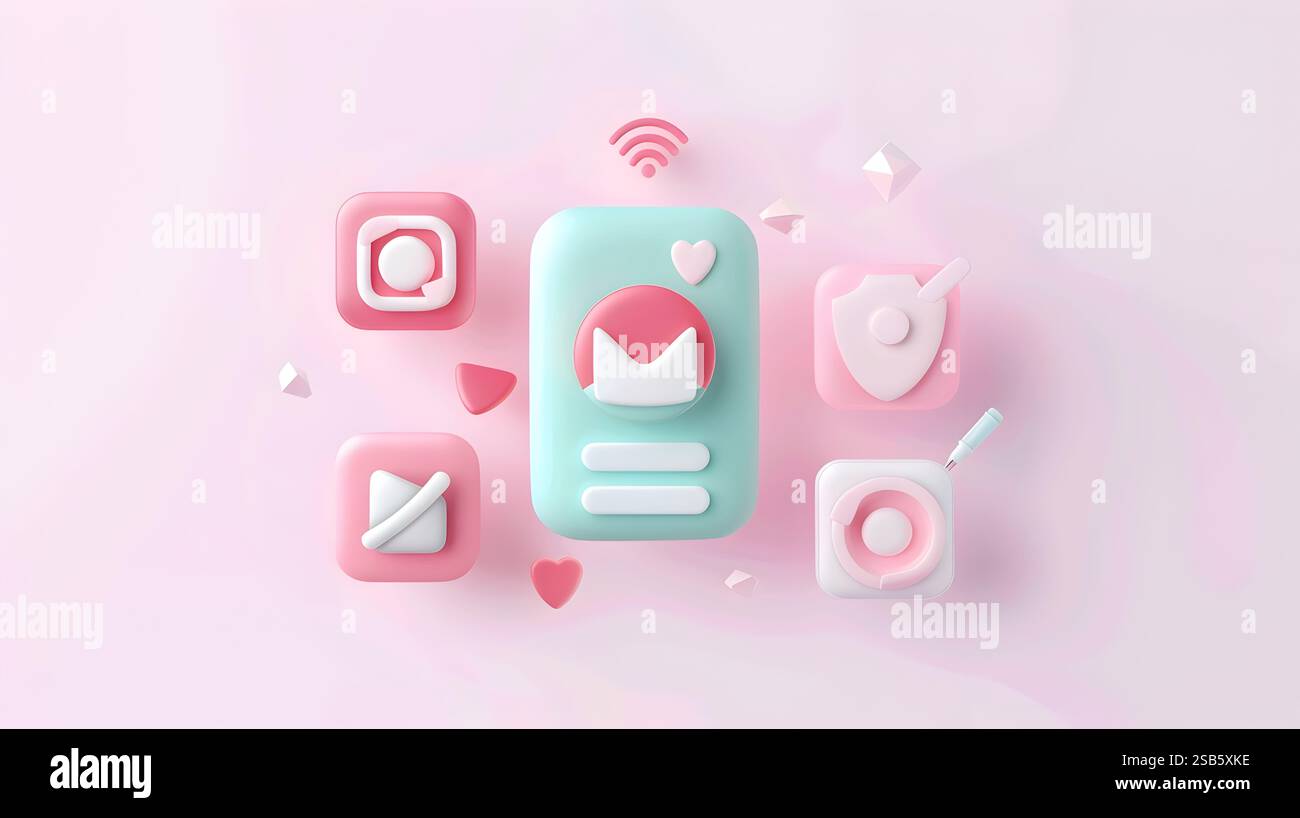 An array of charming,three-dimensional web icons in soothing pastel ...