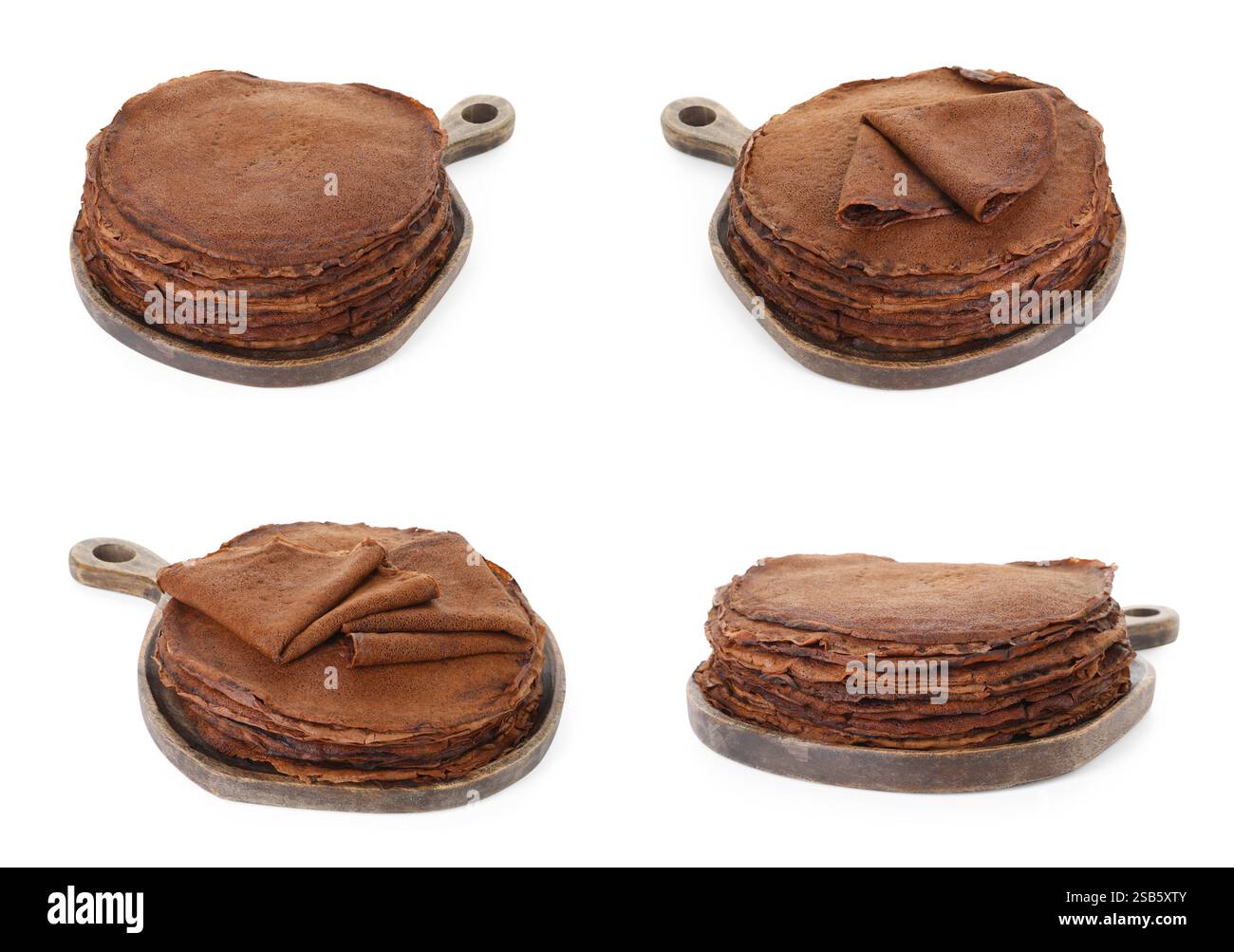 Stack of delicious chocolate crepes on white background, collage Stock ...