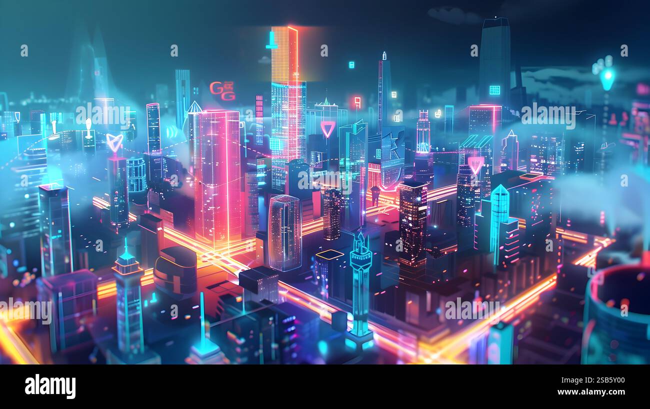 This vibrant,digitally-rendered image depicts a futuristic smart city ...