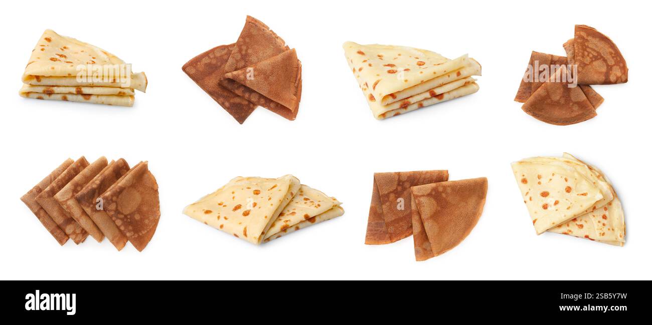 Different tasty crepes on white background, set Stock Photo - Alamy