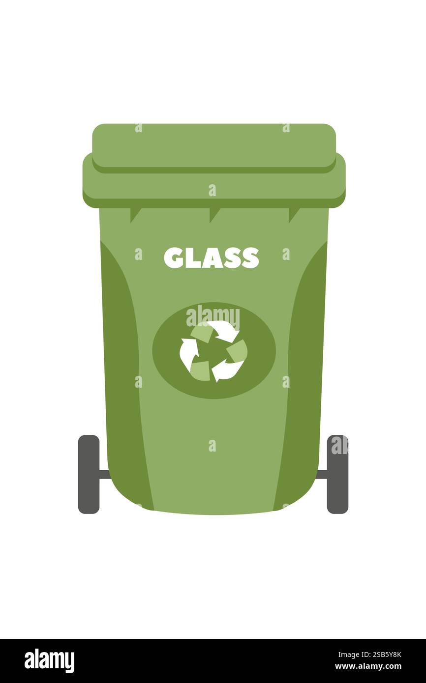 A green bin designed for glass recycling stands prominently with a ...