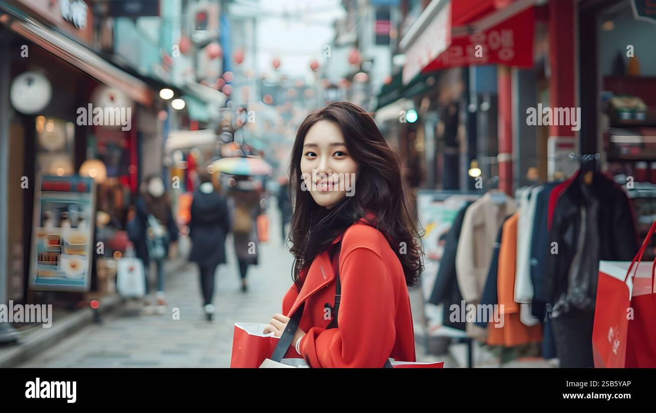 A cheerful young Korean woman poses on a lively street, proudly ...