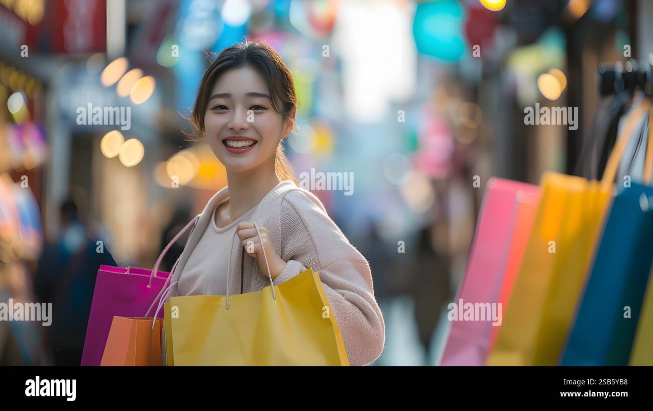 A stylish young Korean woman, serving as a presenter, smiles gleefully ...