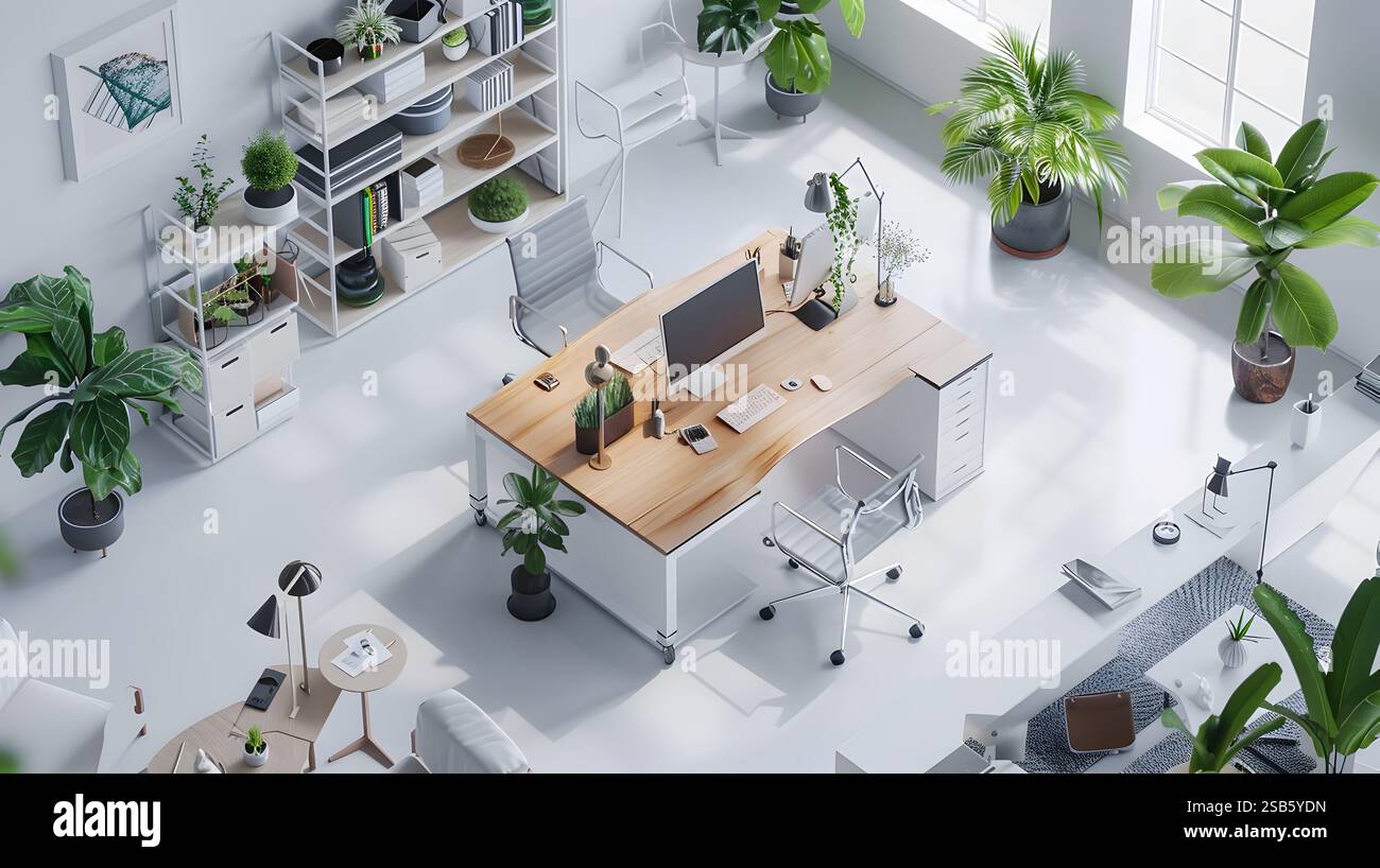 This image depicts a cozy and well-designed workspace with an open-plan ...