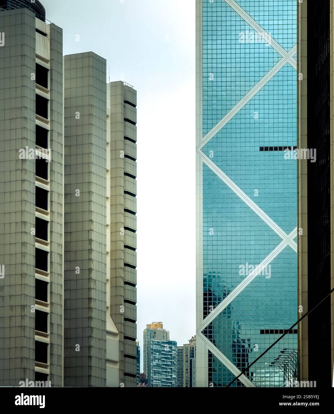 Close-up view of Hong Kong's skyscrapers. A juxtaposition of older ...