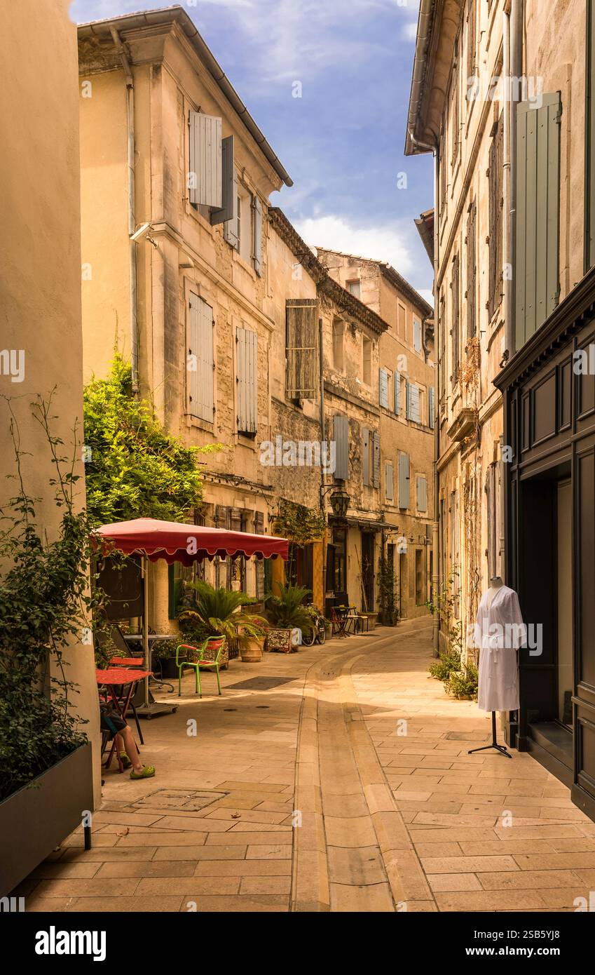 Street in historic city center of St Remy de Provence. Buches du Rhone ...