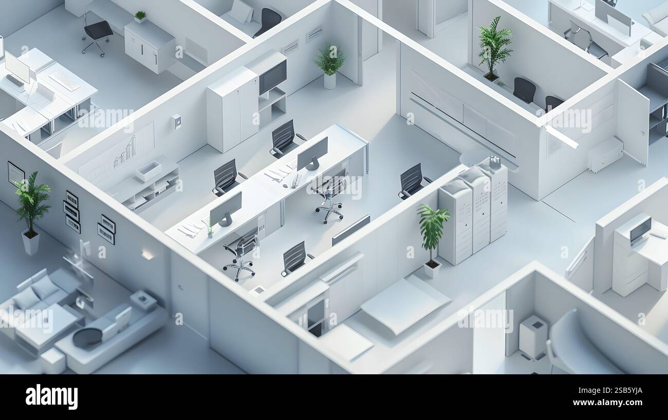 This detailed isometric 3D rendering showcases a high-end corporate ...