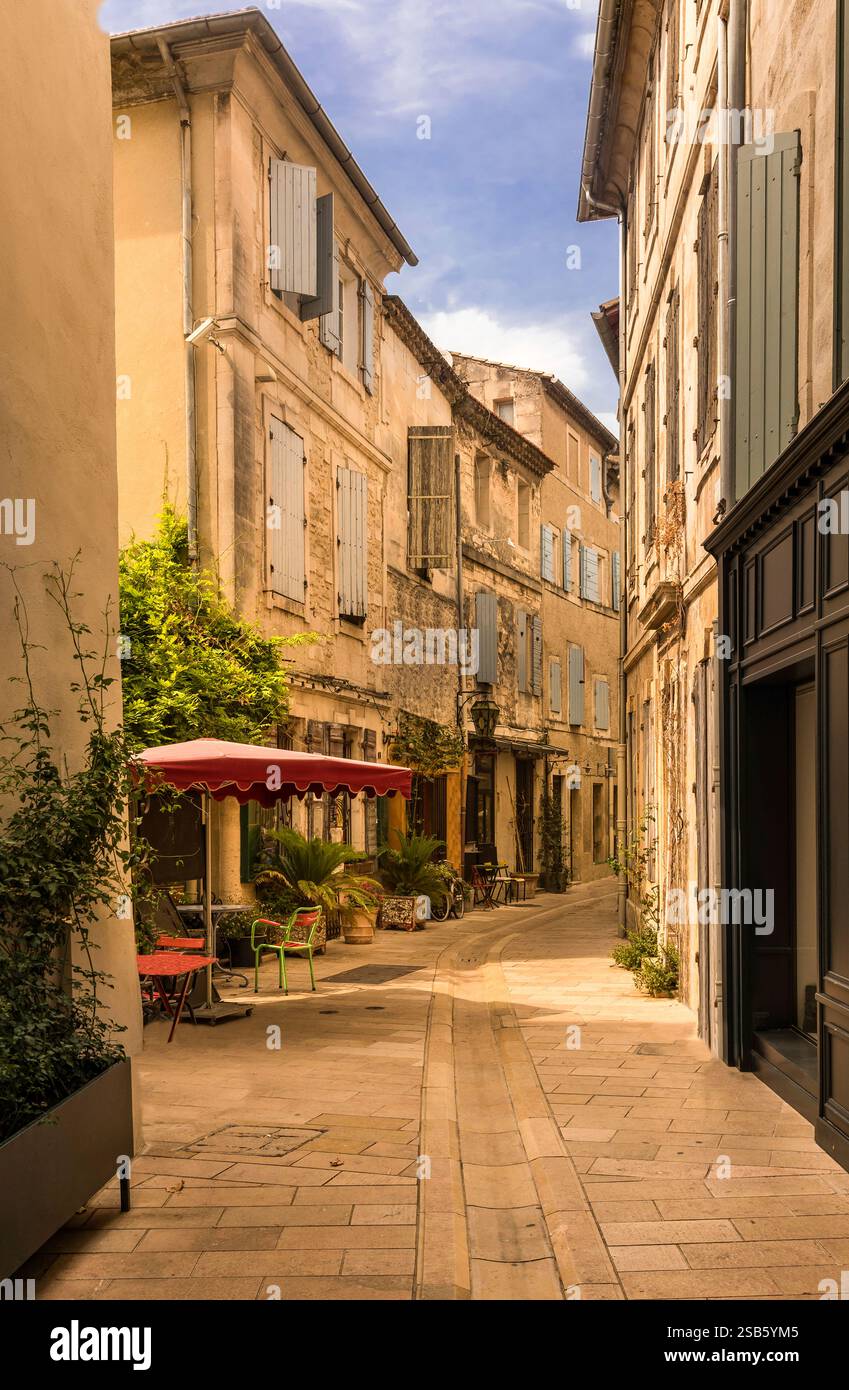 Street in historic city center of St Remy de Provence. Buches du Rhone ...