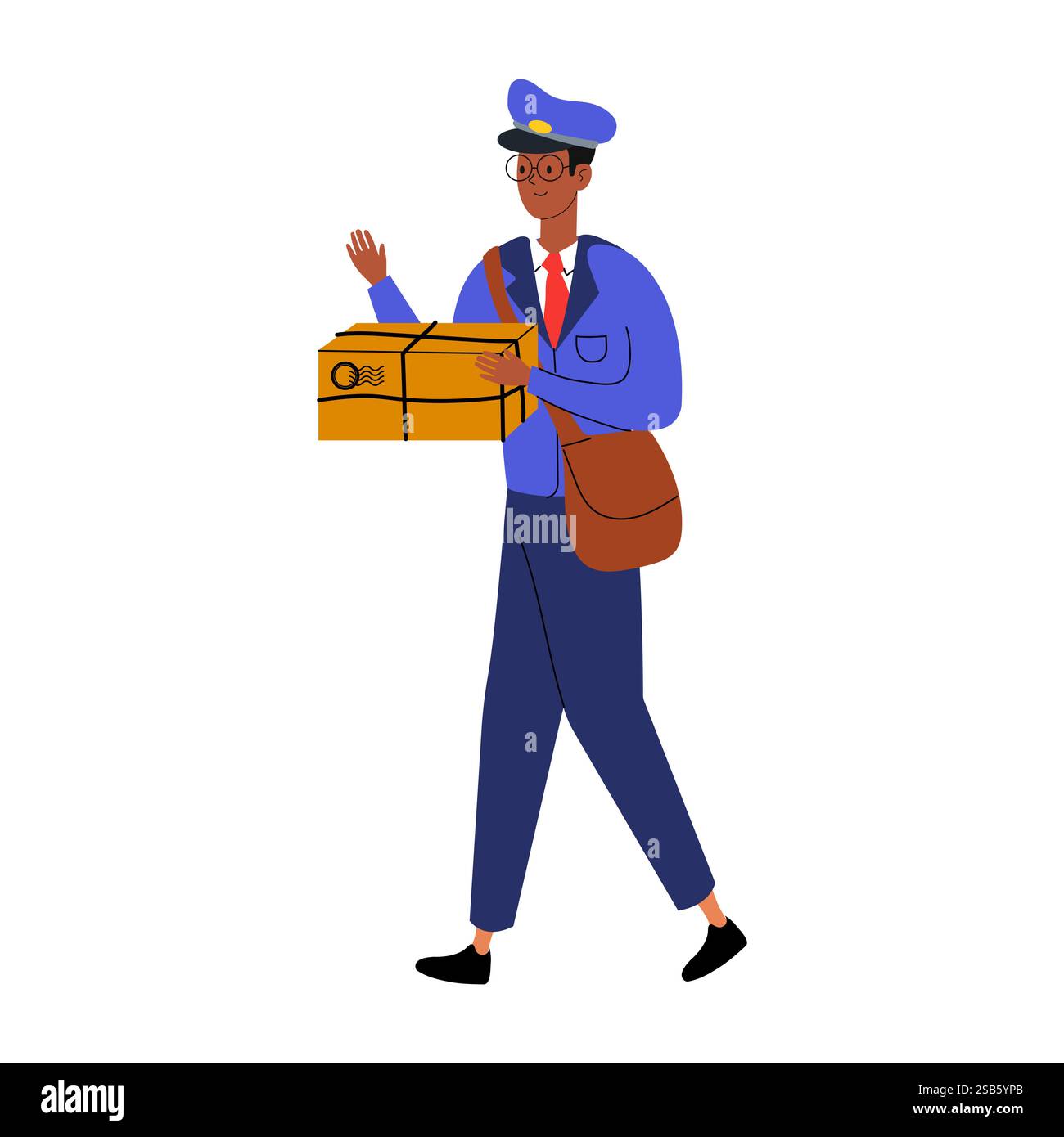 A postal worker in uniform carries a package and waves to passersby in ...