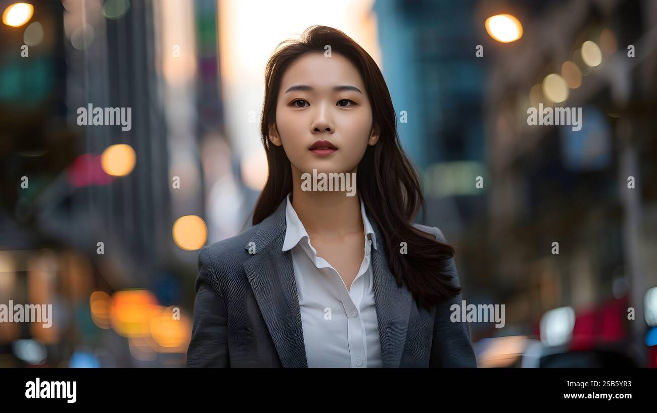 This striking image captures a poised and confident Korean businesswoman confidently striding ...