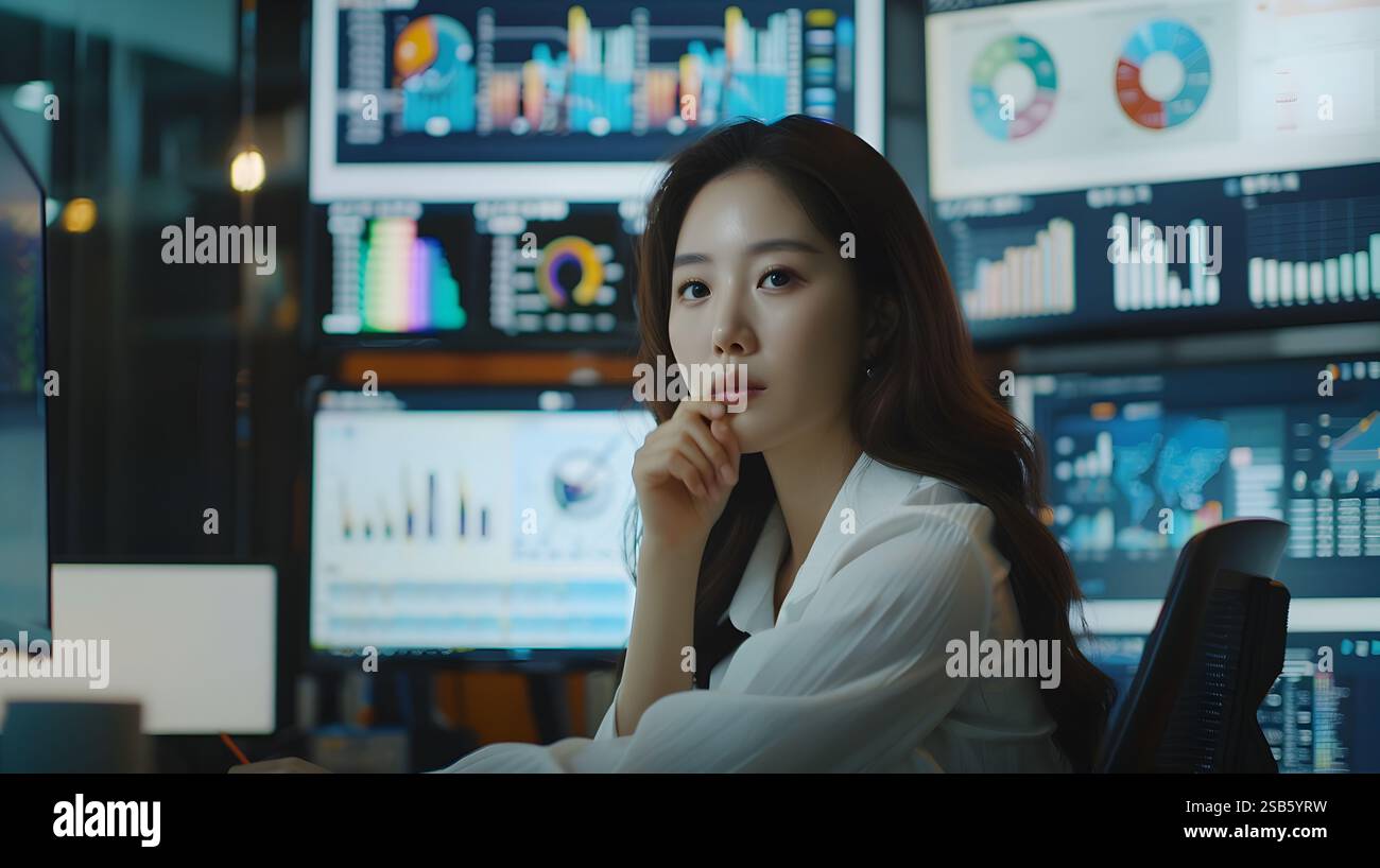 A young,serious-looking Asian woman is intently focused on her work ...