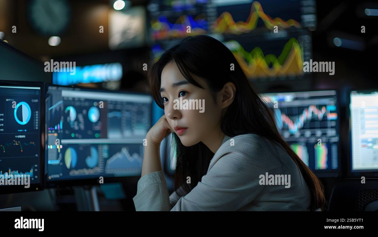 A young,determined Asian woman is intently focused on the multiple computer screens in front of ...