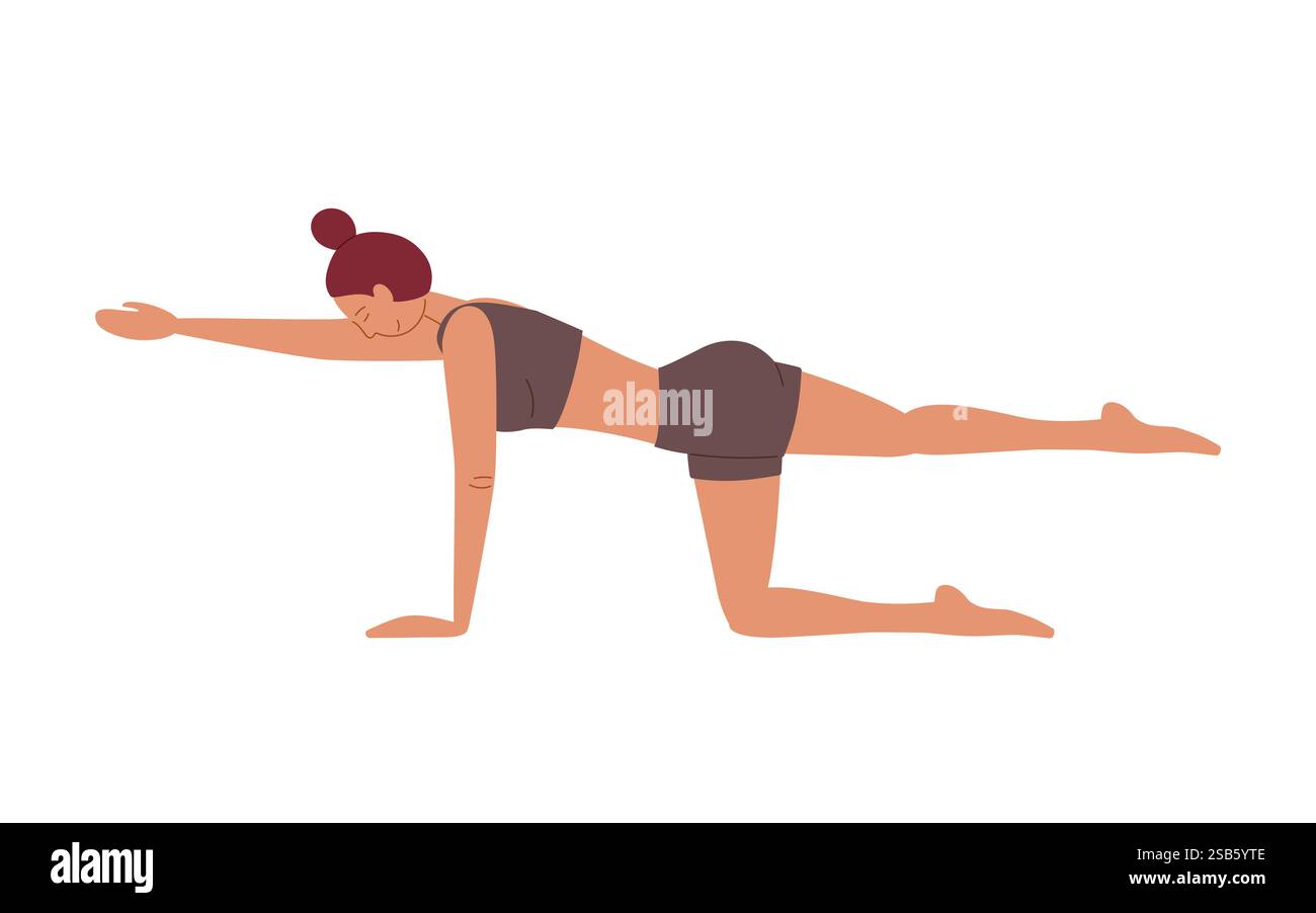 A woman is engaged in an exercise on all fours, extending one arm ...