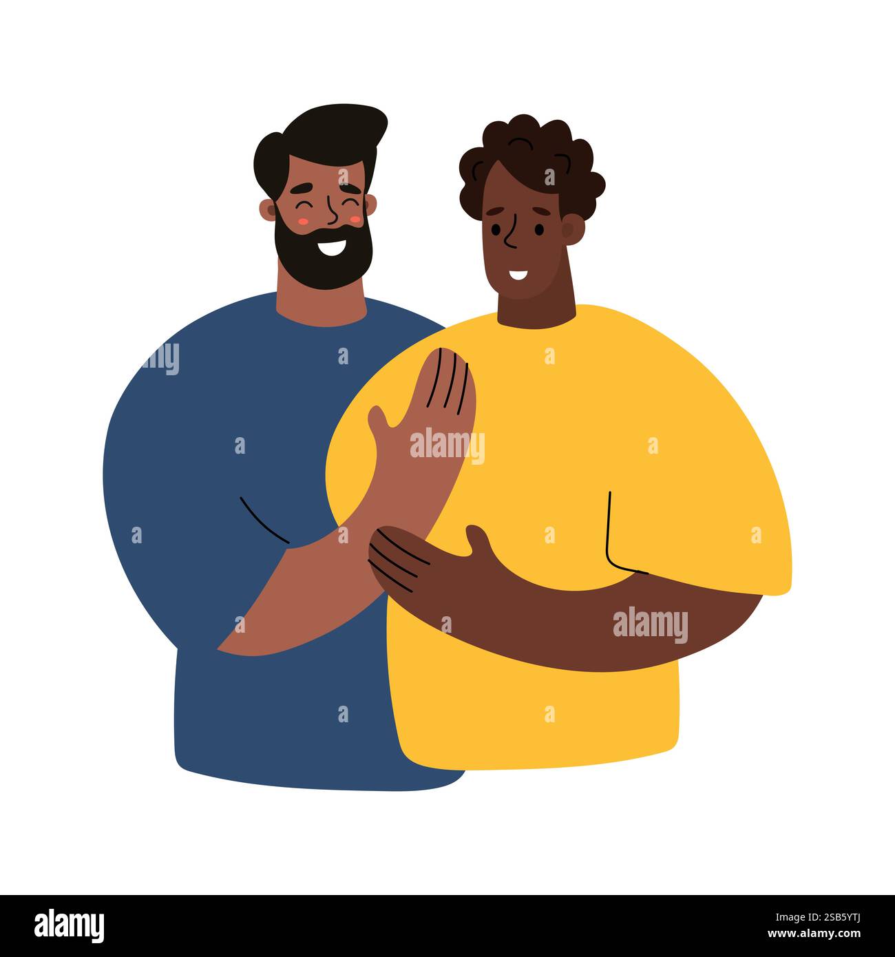 Two men share a joyful moment, smiling and embracing each other ...