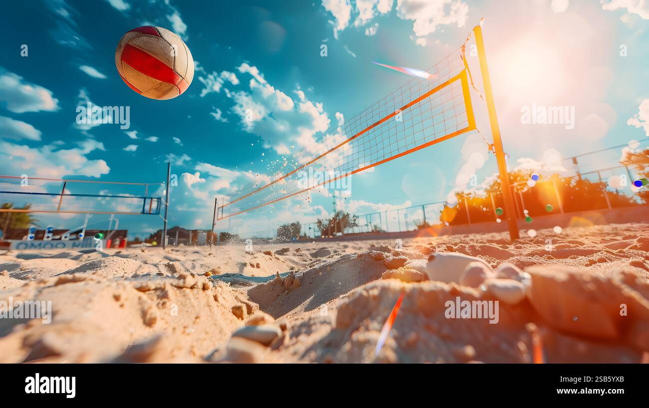 This vibrant image captures the excitement of a beach volleyball game ...