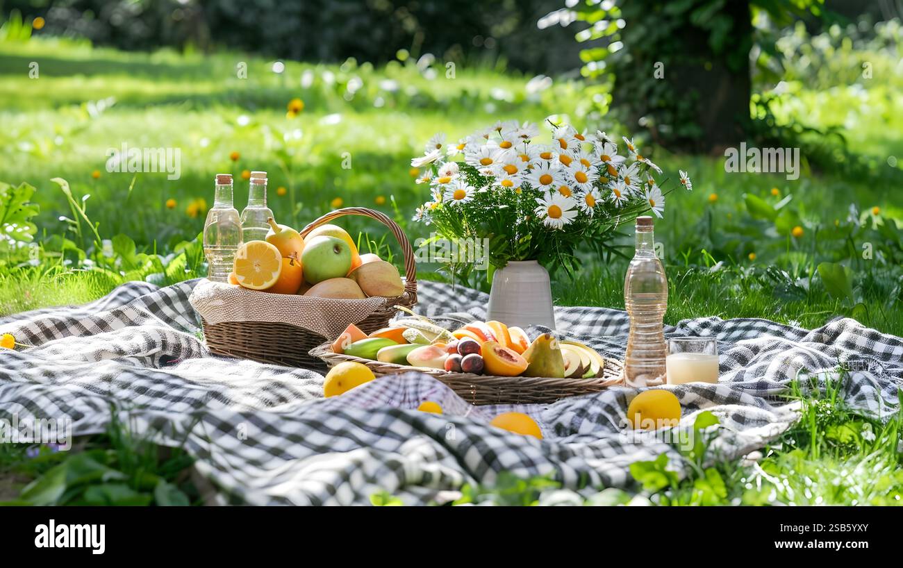 This image depicts an idyllic summertime picnic scene set in a lush ...