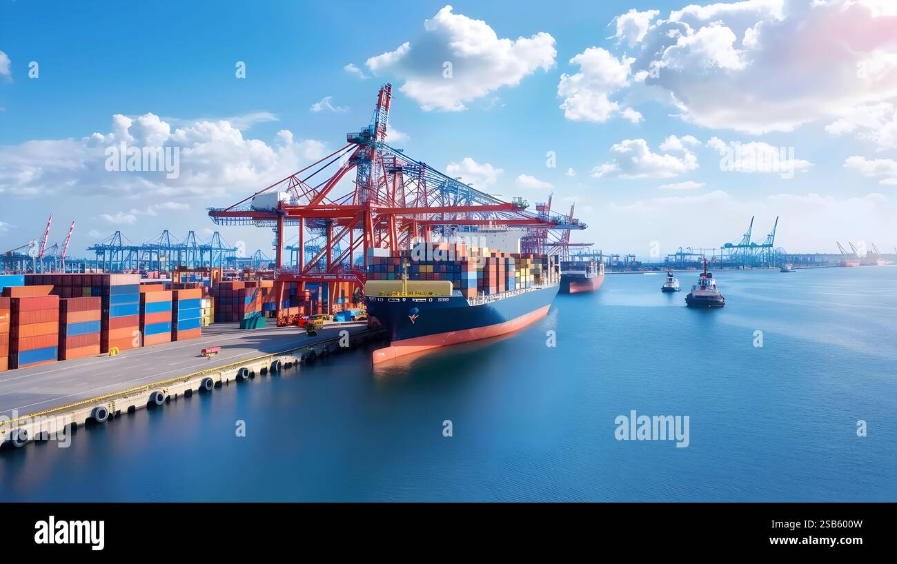 This image captures the dynamic energy of a thriving seaport terminal ...