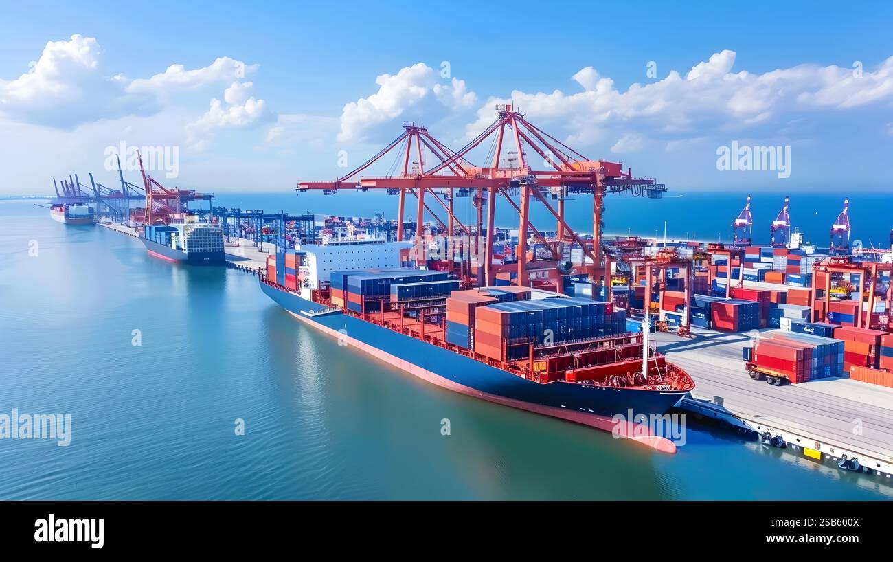 This image captures the bustling activity of a major container port ...