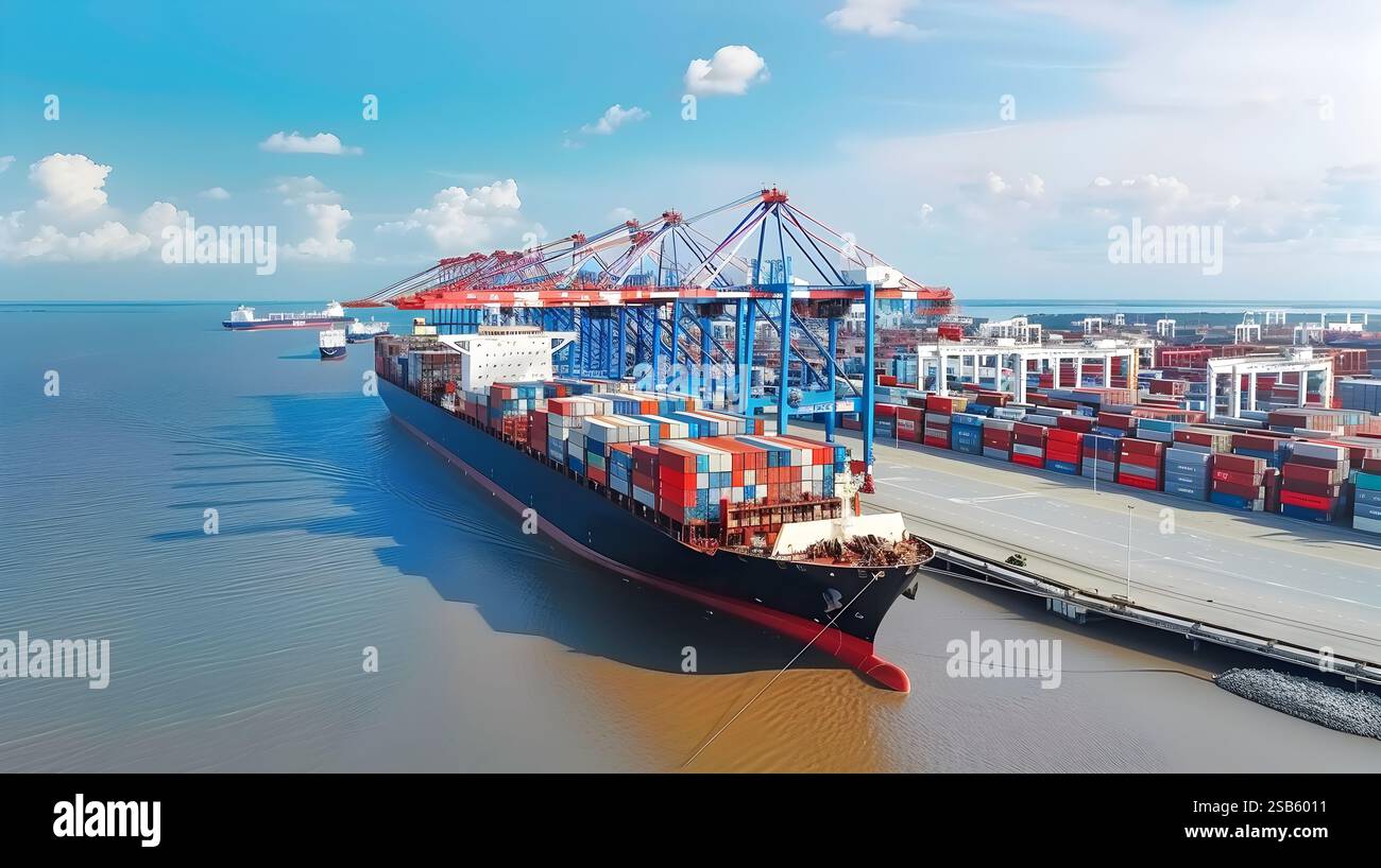 This image depicts a bustling,industrial port setting with towering ...