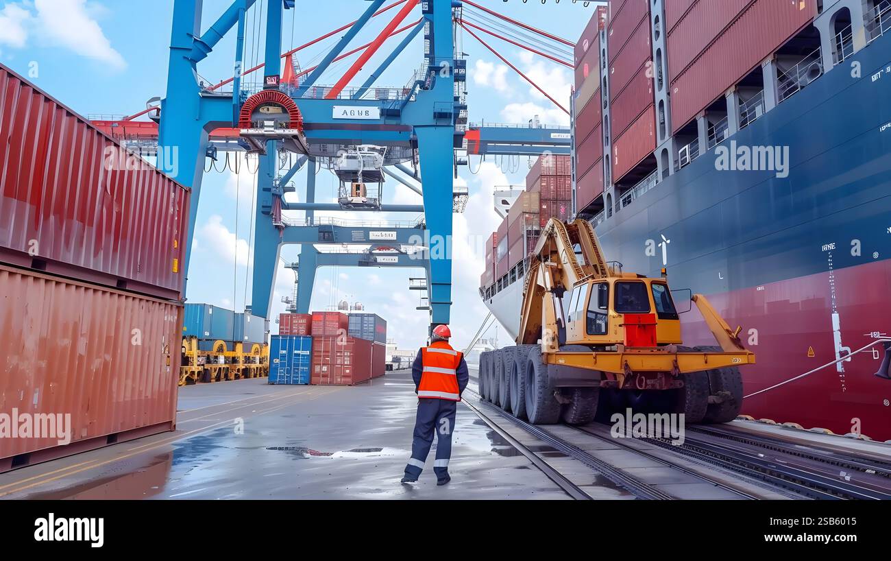 This image depicts a busy seaport harbor with a crane lifting large ...