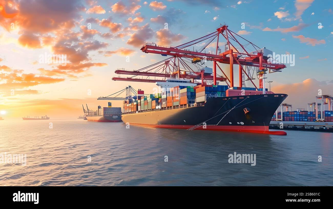 Stunning aerial view of a large cargo ship loaded with shipping ...