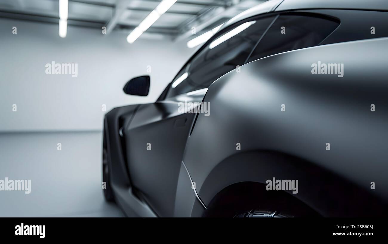 This image captures the sublime elegance of a matte black car ...