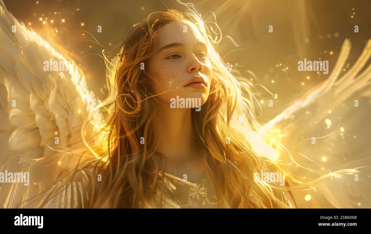 This stunning image depicts an ethereal,angelic figure with flowing golden hair and shimmering ...
