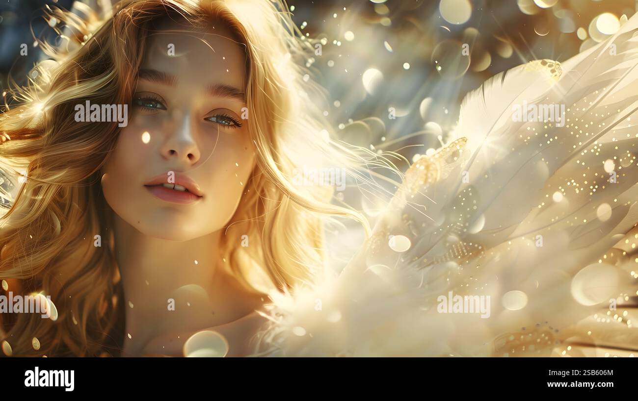 A captivating portrait of an angelic figure with flowing golden hair and shimmering white wings ...