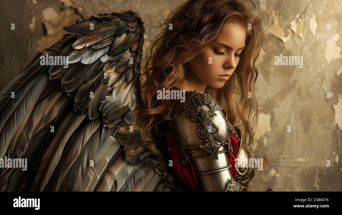 This striking image depicts a captivating figure of an angelic warrior ...