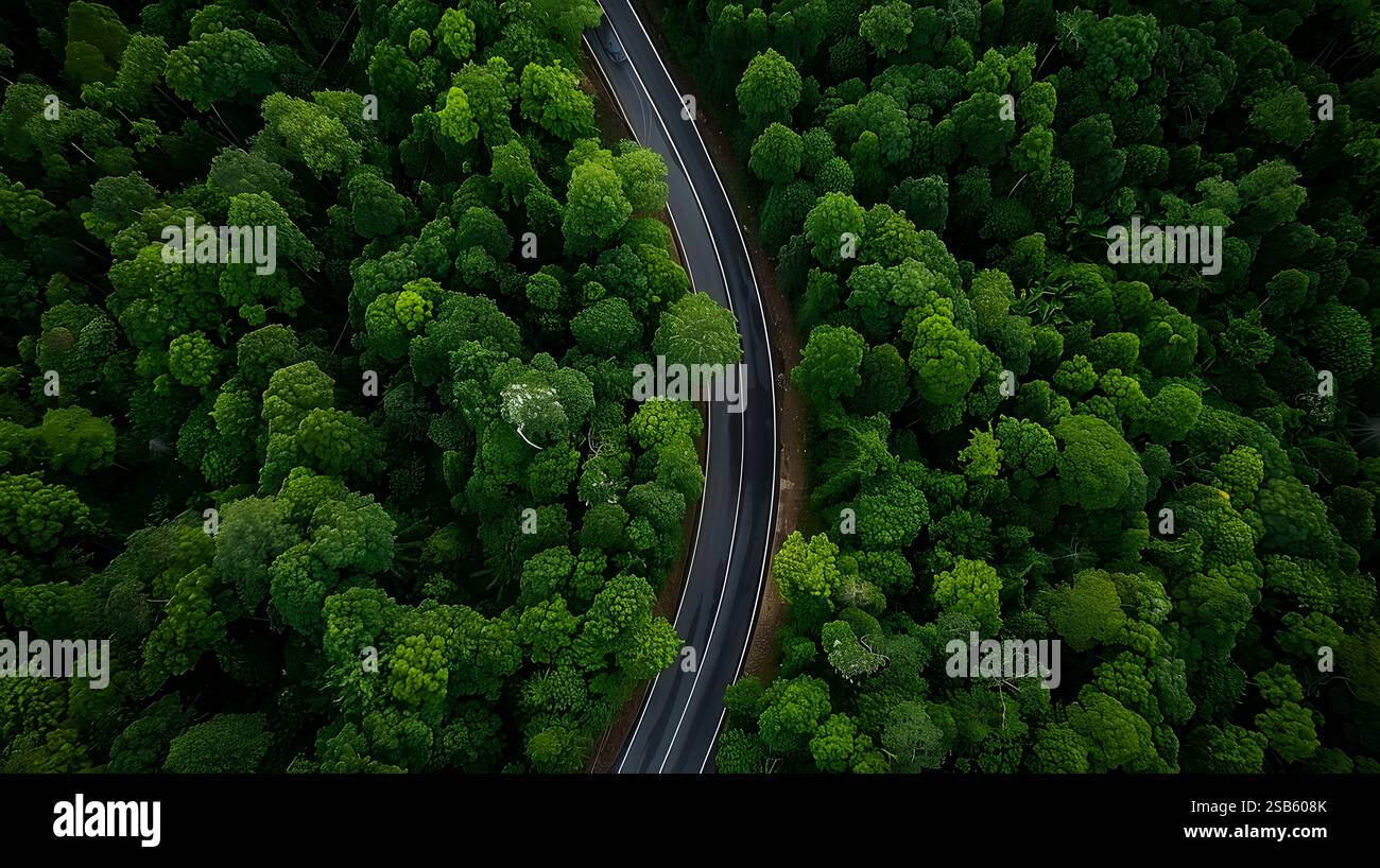 This striking aerial image captures a freshly paved road as it winds ...
