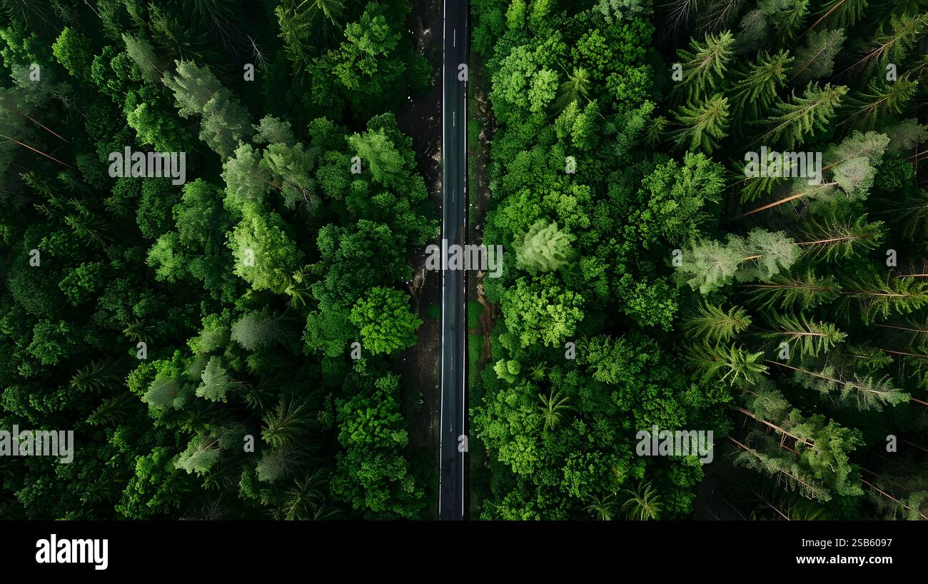 This breathtaking aerial image captures a remote forest road winding ...