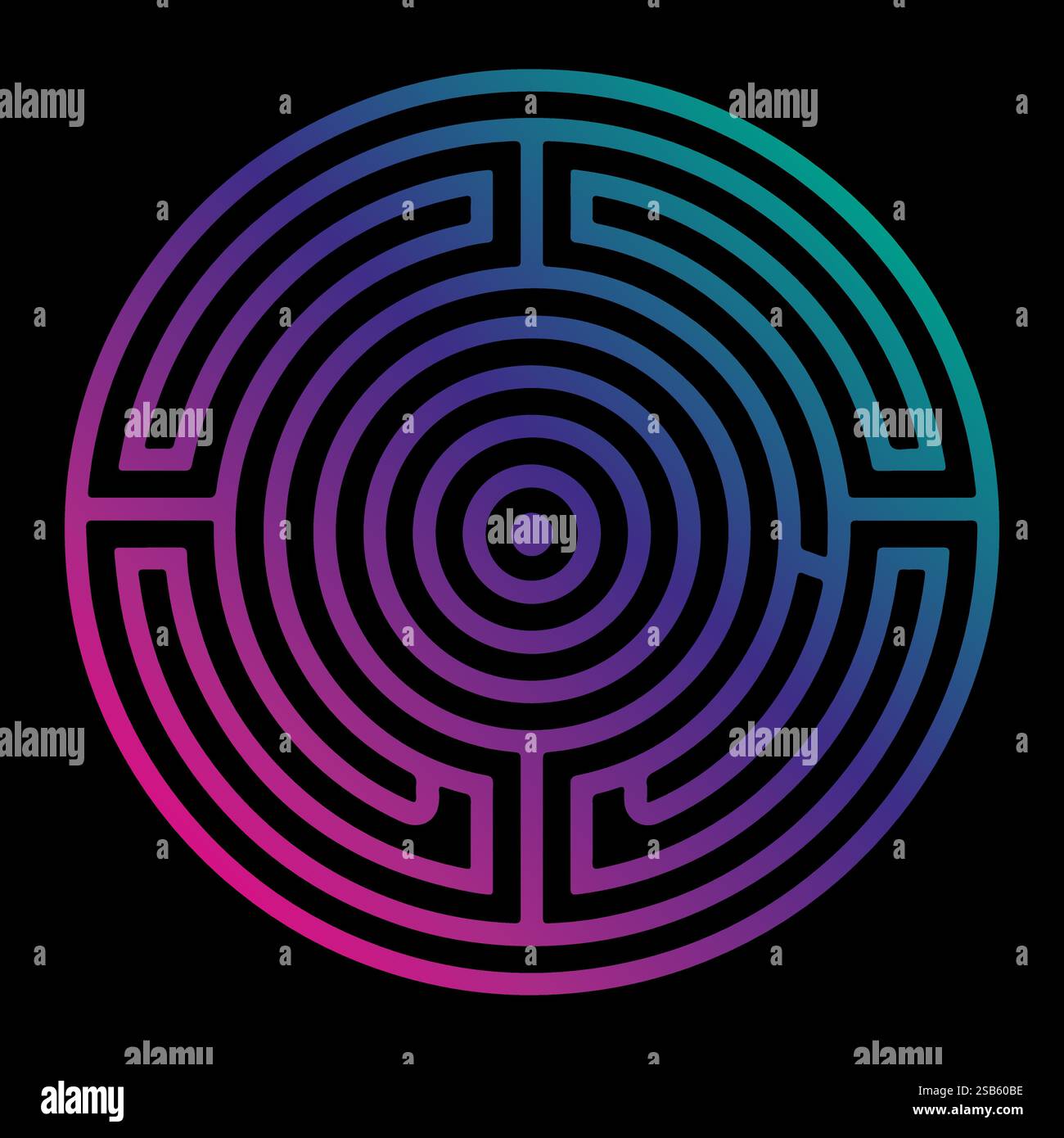 Intricate labyrinth design with vibrant colors in a circular pattern on a dark background Stock ...