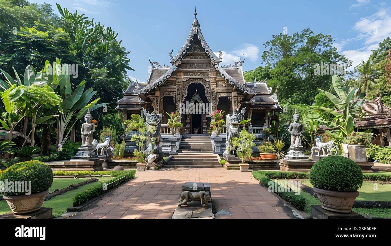 This image depicts a serene and ornate Buddhist temple nestled within a ...