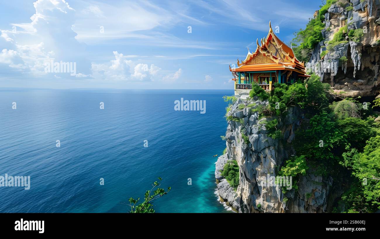 This stunning panoramic image captures a breathtaking cliffside temple ...