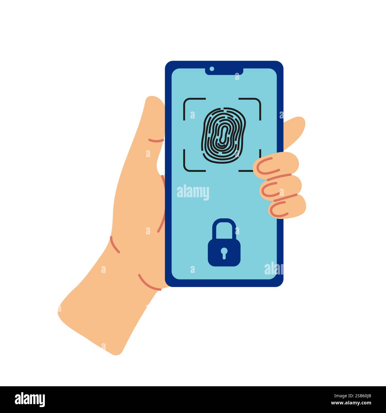 A hand holds a smartphone with a fingerprint scanner on the screen ...