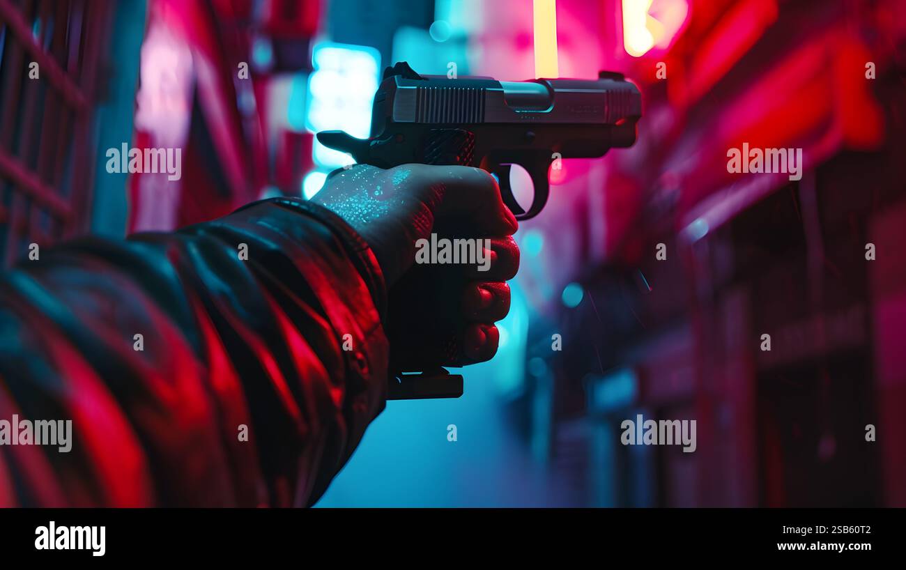 The dramatic image depicts a detective's hand firmly gripping a pistol ...