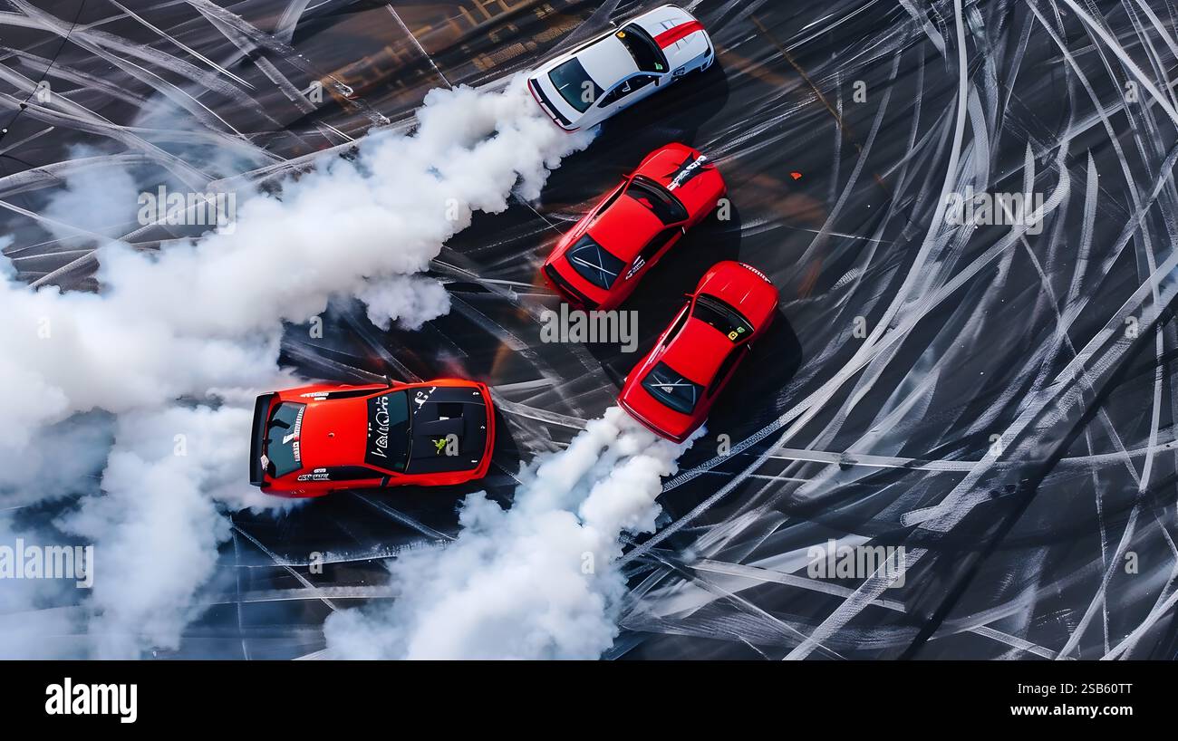 A aerial view showcases several racing cars drifting aggressively ...