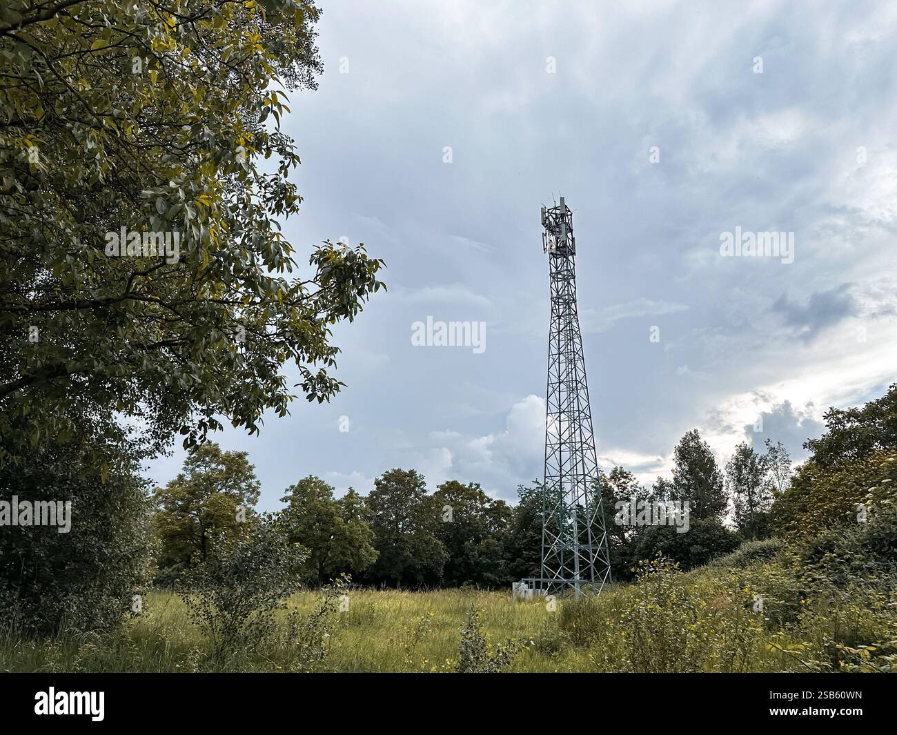 Tall tower is in the middle of a field with trees in the background ...