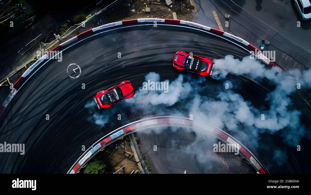This dynamic aerial image captures the intense action of a drifting ...
