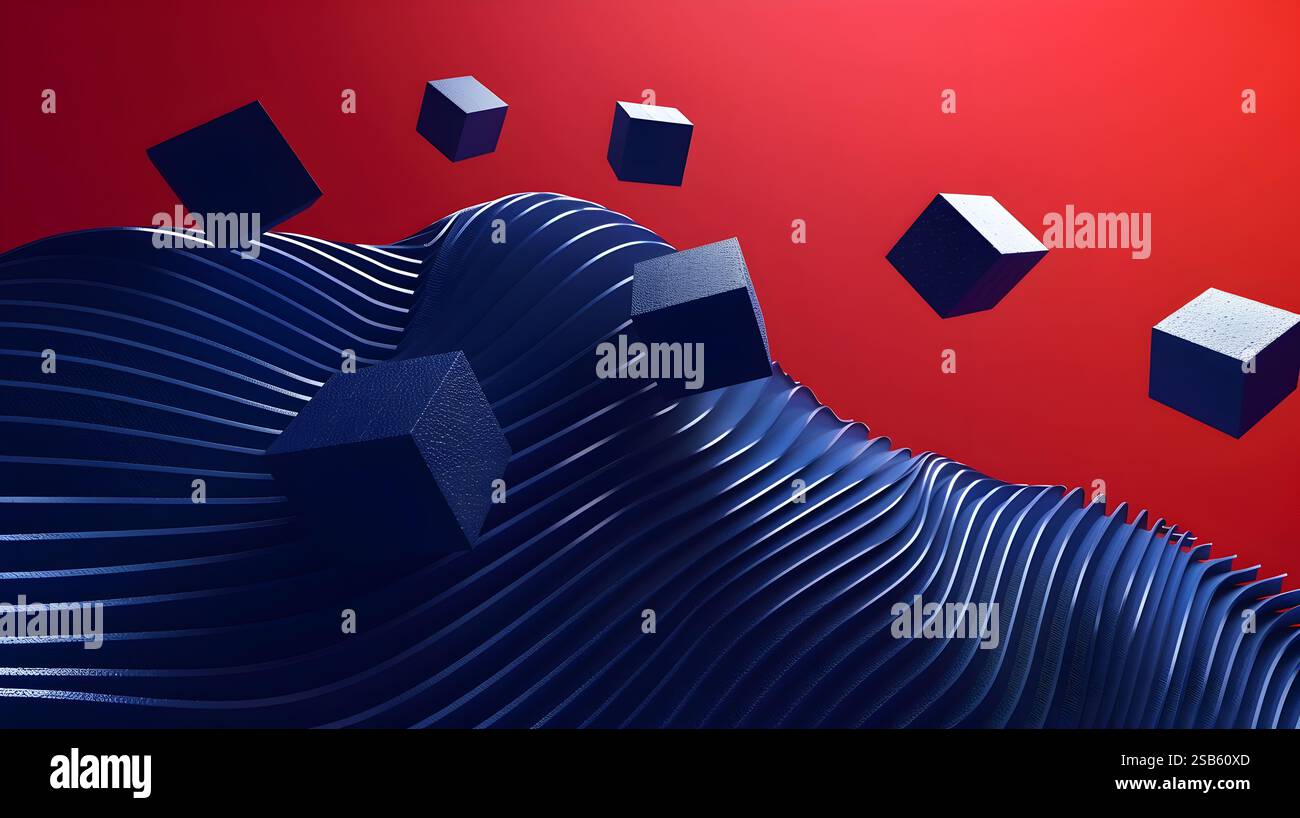 This visually striking 3D render showcases a minimalist,geometric composition featuring sleek ...