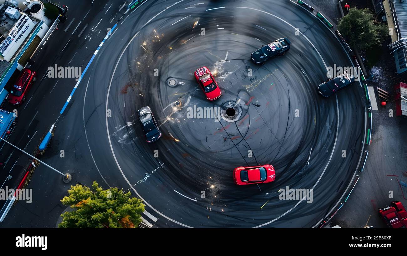Aerial view of an intense drifting competition taking place on an urban ...