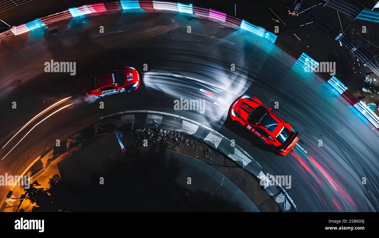This image captures the exhilarating atmosphere of a nighttime drift ...