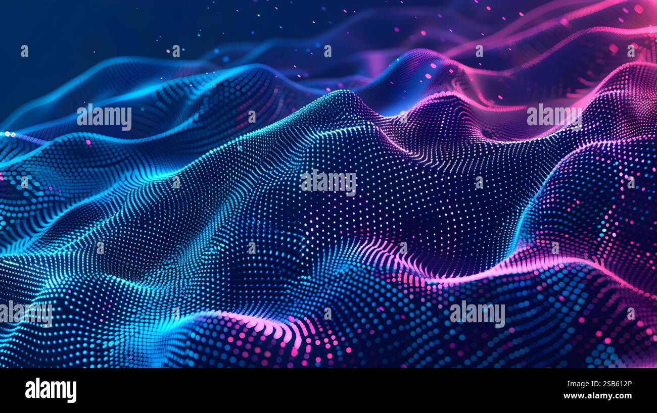 This captivating image depicts a vibrant,abstract digital landscape composed of dynamic waves ...