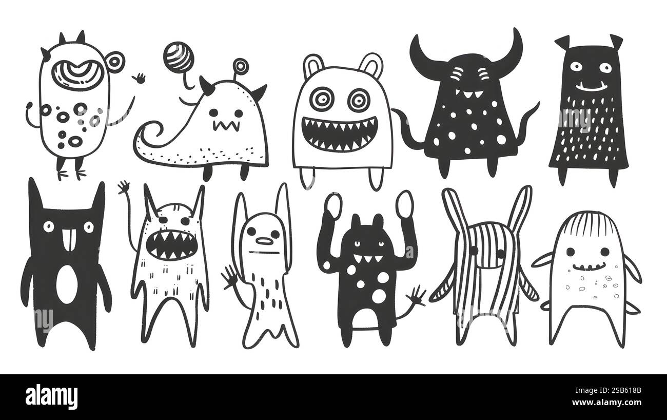 This image features a delightful collection of whimsical line art ...