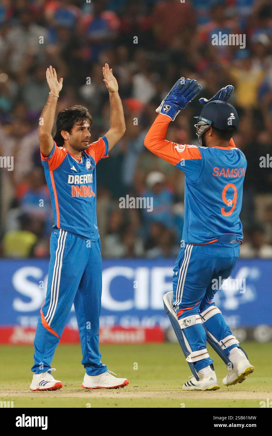 PUNE, INDIA - JANUARY 31: Ravi Bishnoi of India celebrates after taking ...