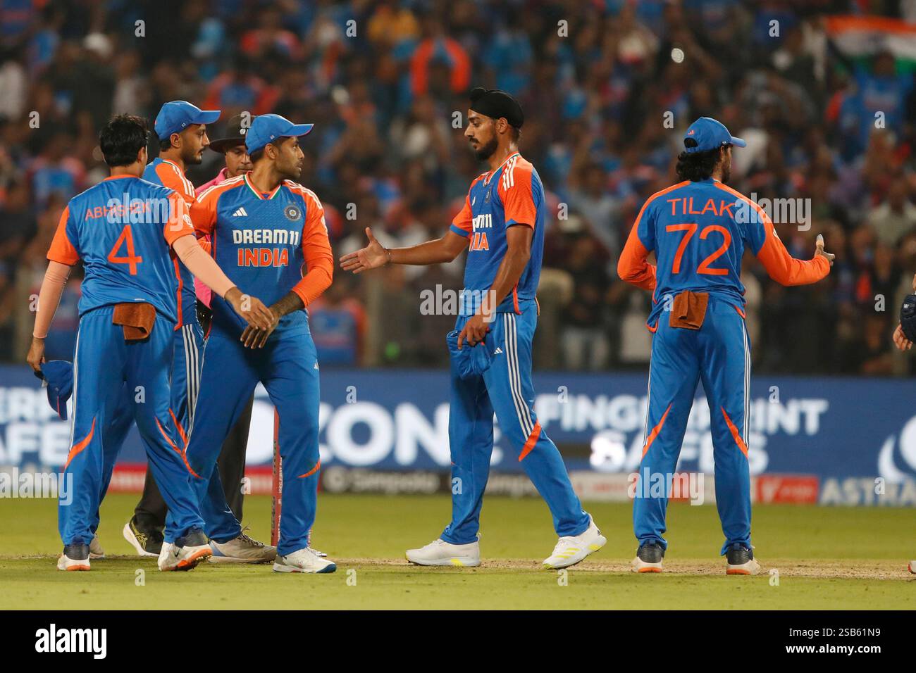 PUNE, INDIA - JANUARY 31: Suryakumar Yadav captain of India and Arshdeep Singh of India ...