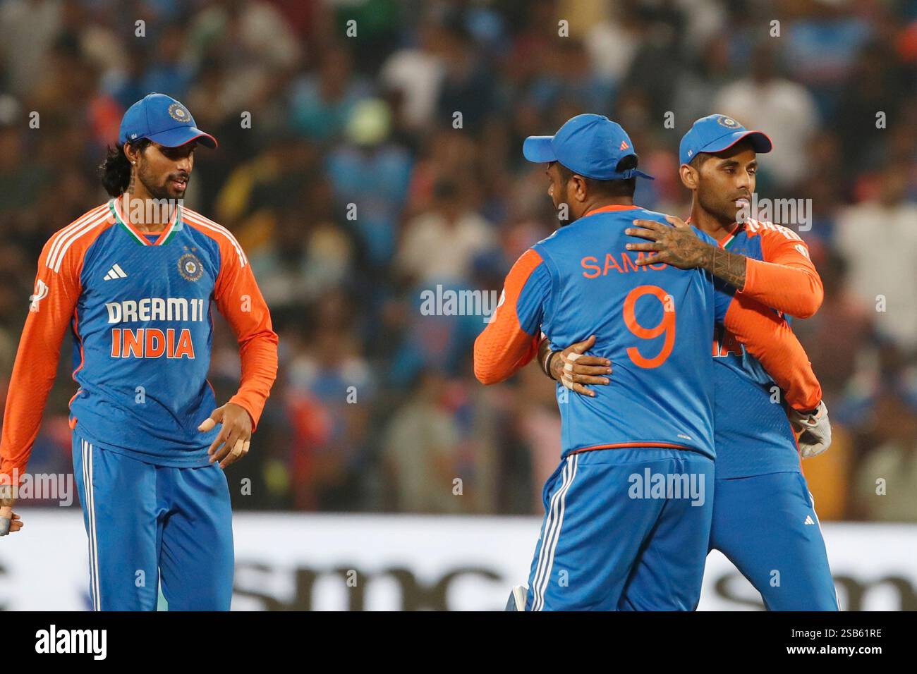 PUNE, INDIA - JANUARY 31: Suryakumar Yadav captain of India ,Sanju Samson of India and Tilak ...